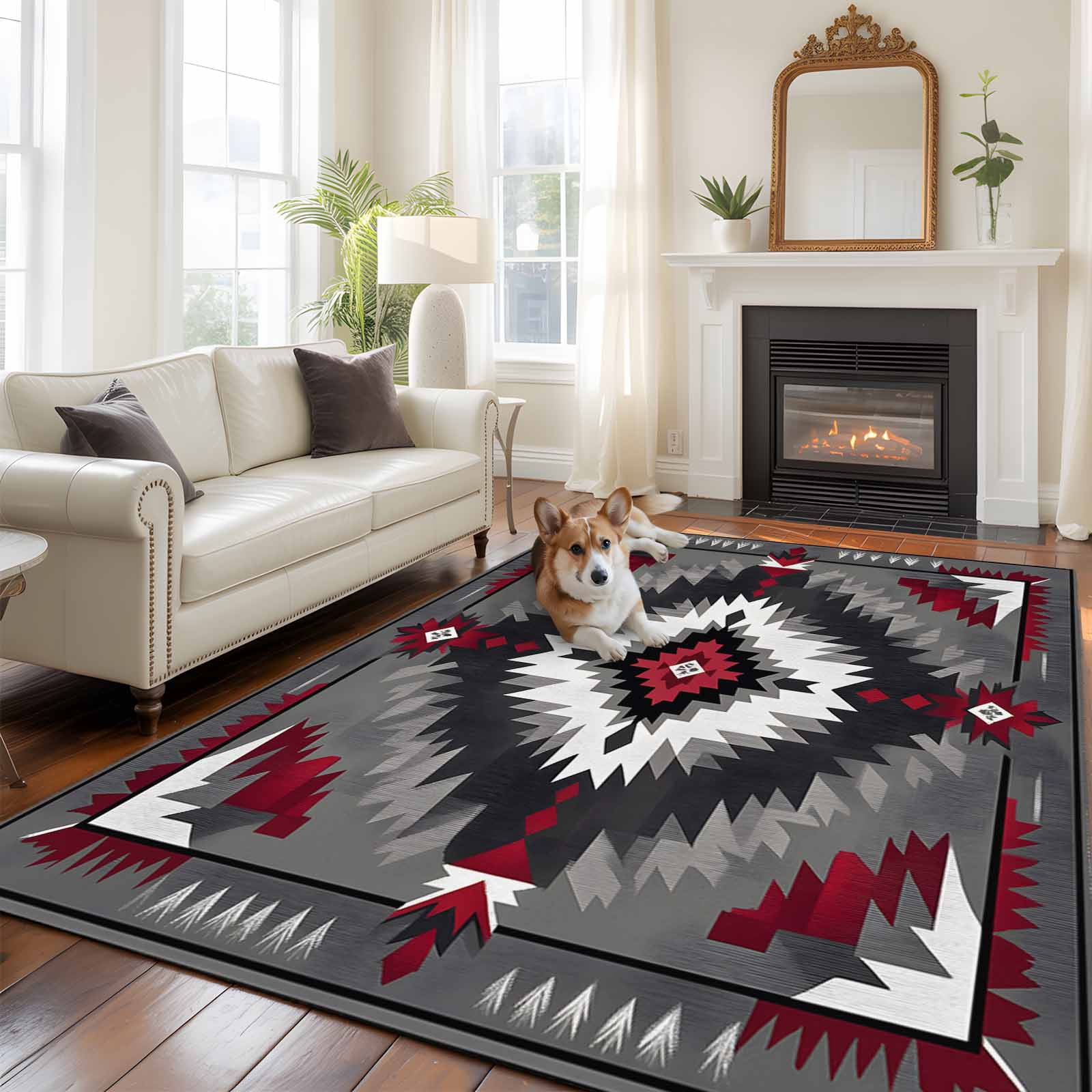 Boho Red Grey Area Rug 5x7 FT, Non Slip Bedroom Throw Carpet, Geometric ...