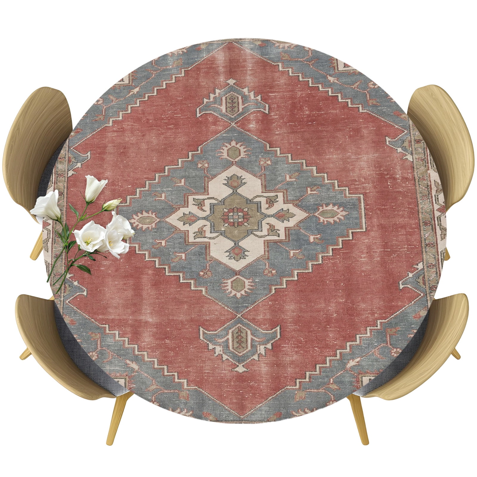 Boho Red Grey Beige Round Tablecloth 45-54 Inch Round Fitted Table ...