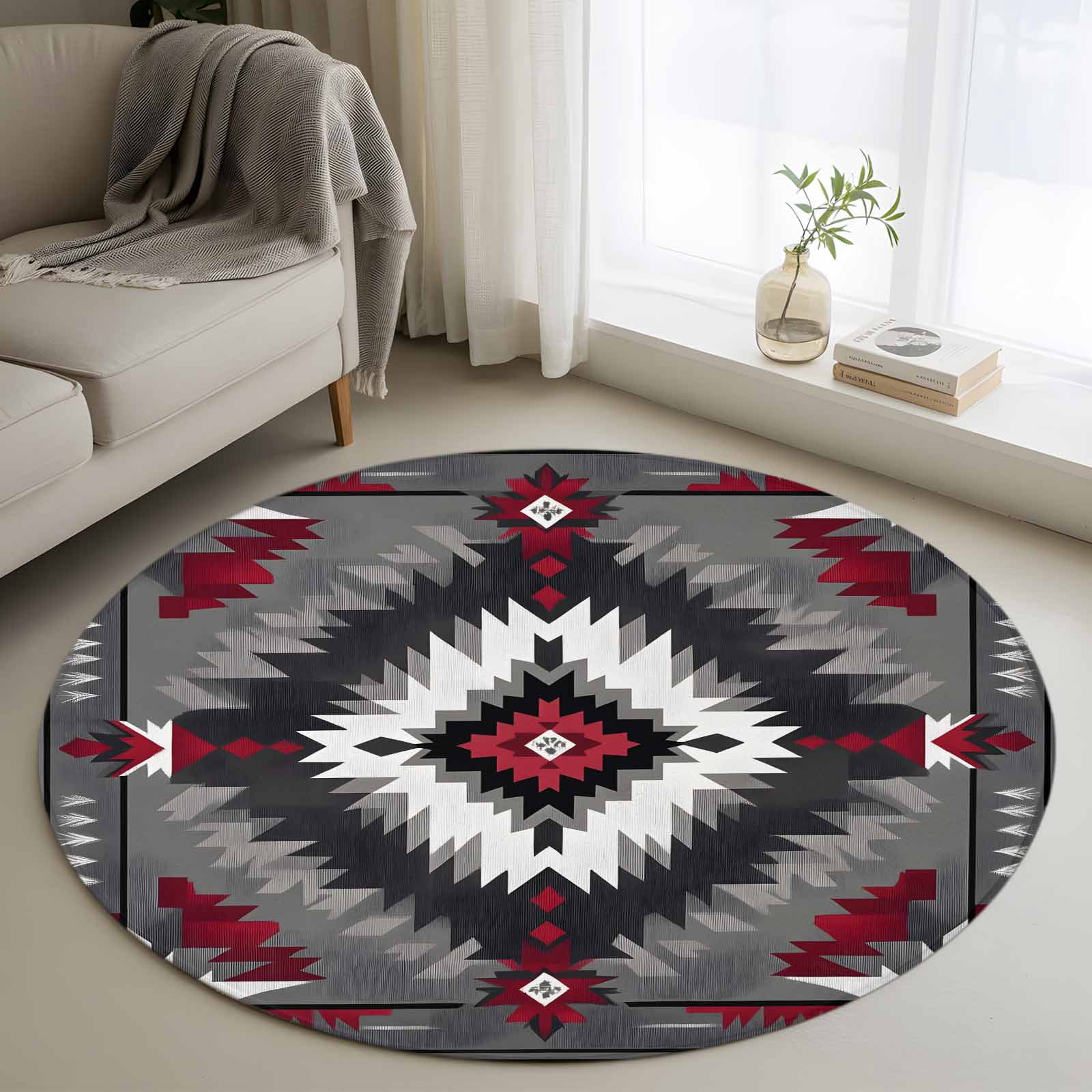 Boho Red Grey Round Area Rug 4 FT, Non Slip Indoor Outdoor Rug ...
