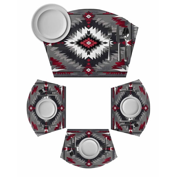Boho Red Grey Round Table Placemats Set of 6 Wedge Placemats, Geometric ...