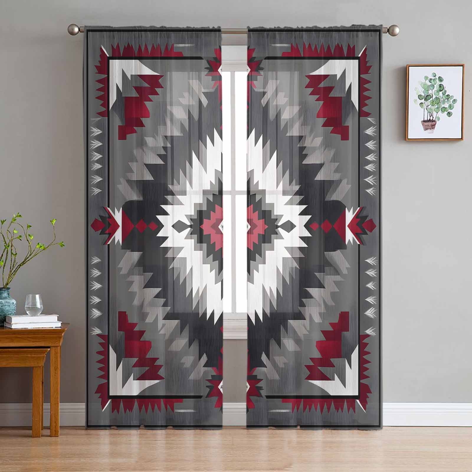 Boho Red Grey Sheer Curtains 63 Inch Length 2 Panels Set for Living ...