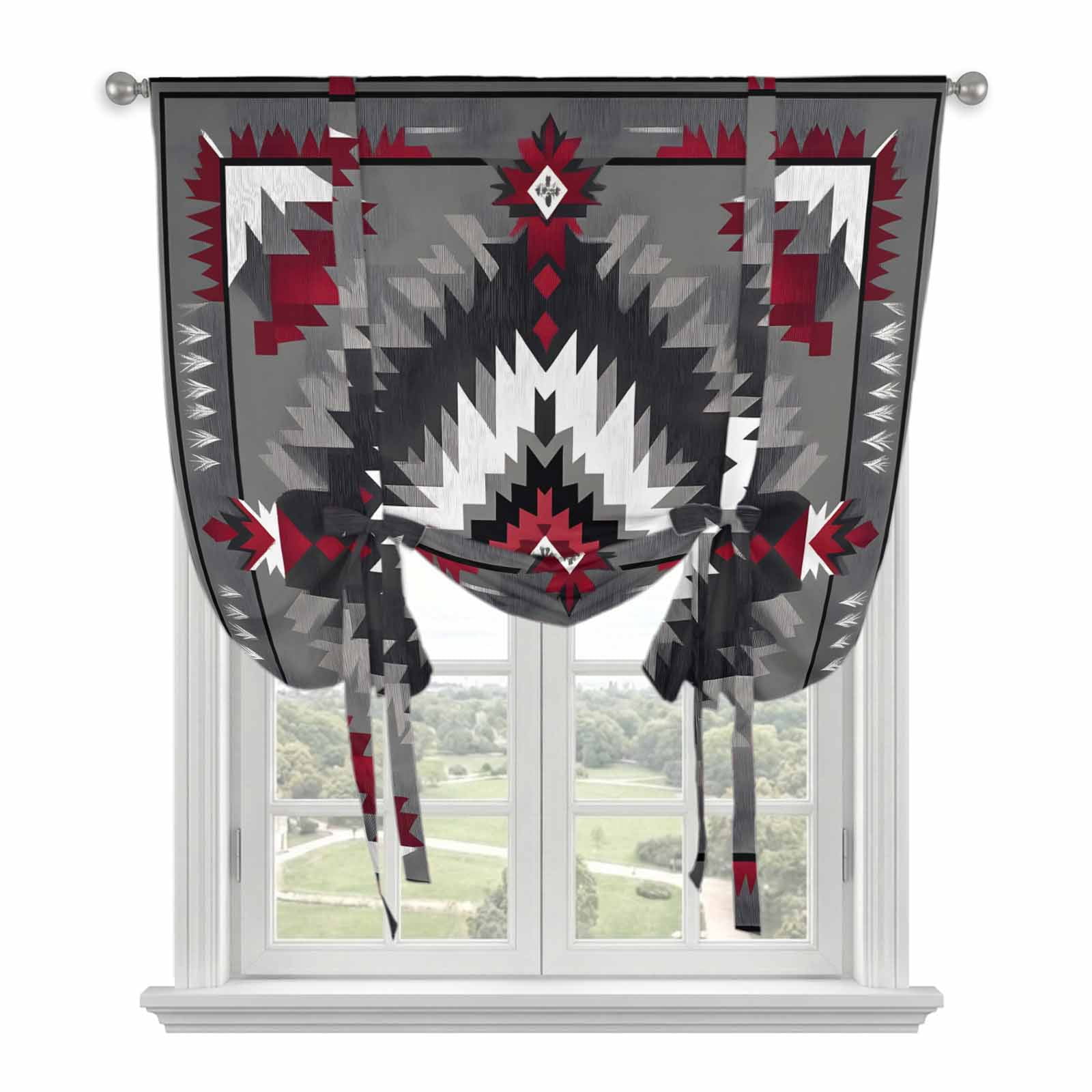 Boho Red Grey Tie Up Curtain Valance for Window, Adjustable Rod Pocket ...