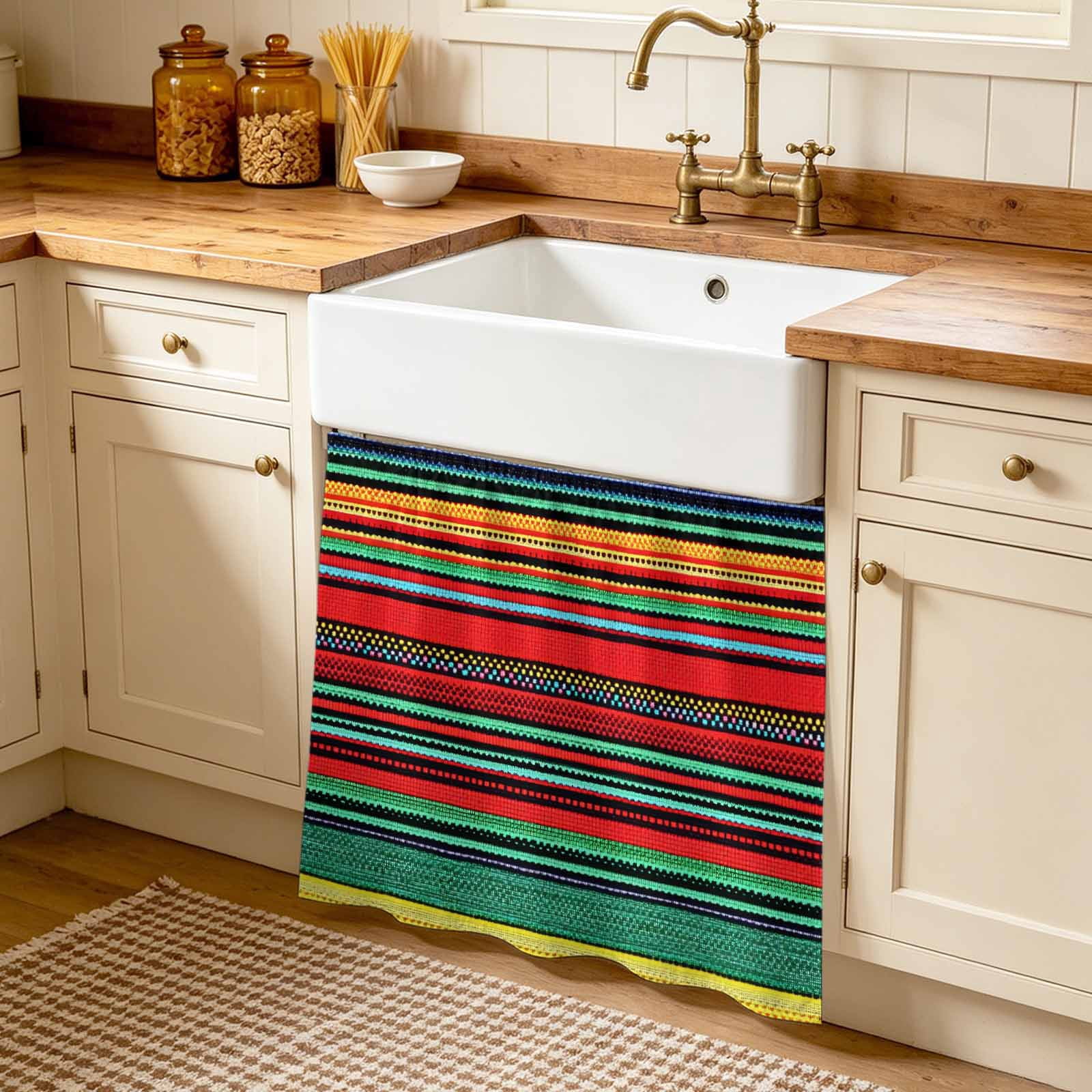 Boho Red Stripes Cabinet Curtains 35"W x 35"L, Colorful Mexico Blue ...