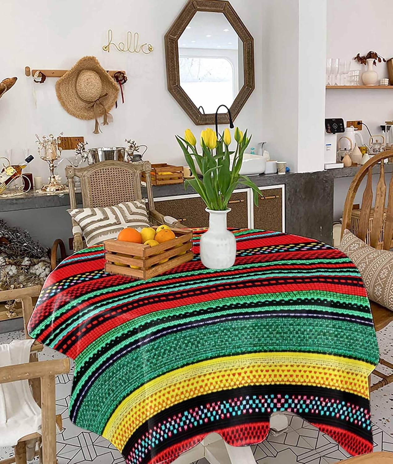 Boho Red Stripes Table Cloth Waterproof Tablecloths, Colorful Mexico ...