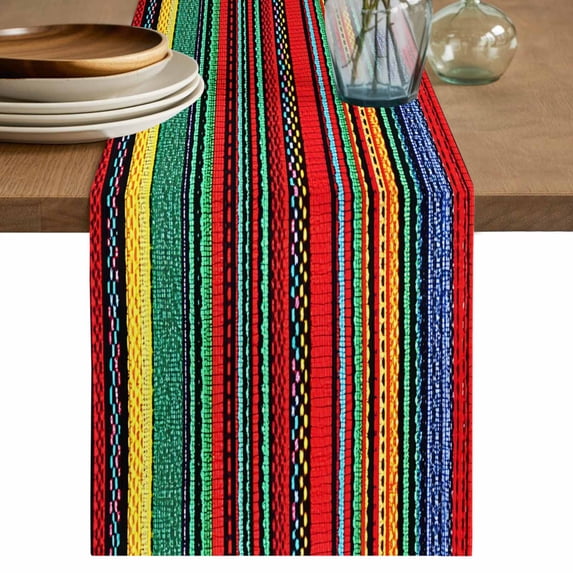 Boho Red Stripes Table Runner, Colorful Mexico Blue Green Yellow ...