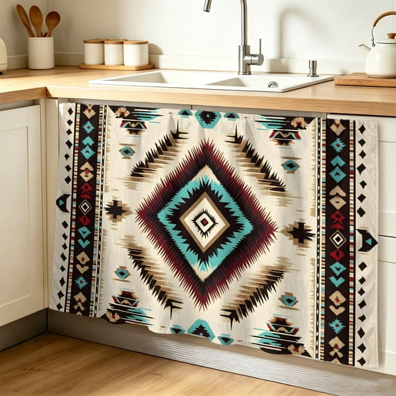 Boho Red Teal Brown Cabinet Curtain 32"Wx55"L,Dustproof Pantry Door ...