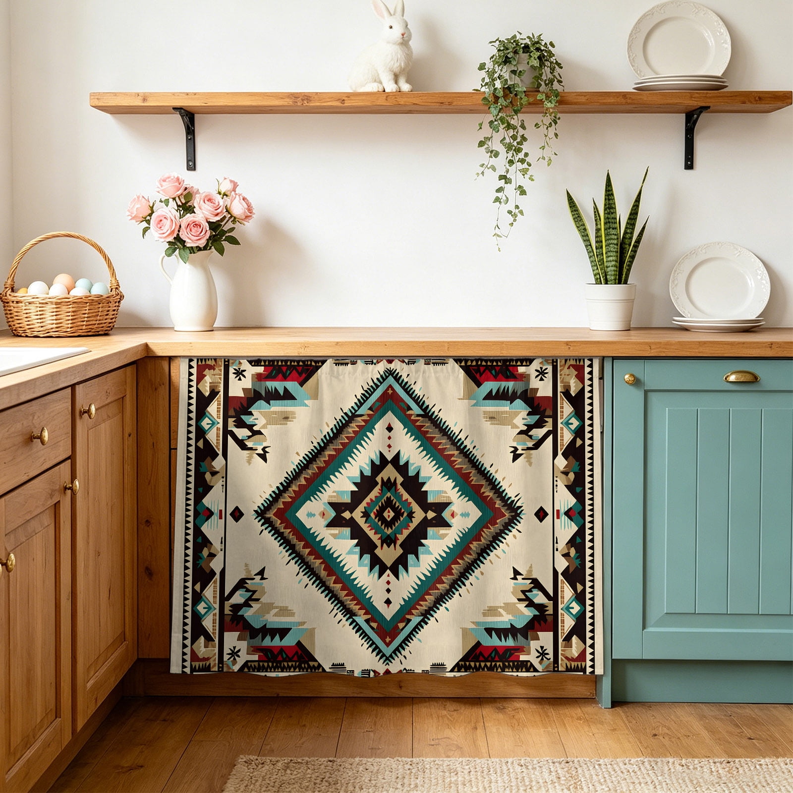 Boho Red Teal Brown Cabinet Curtains 28''x35.4'', Southwestern Vintage ...