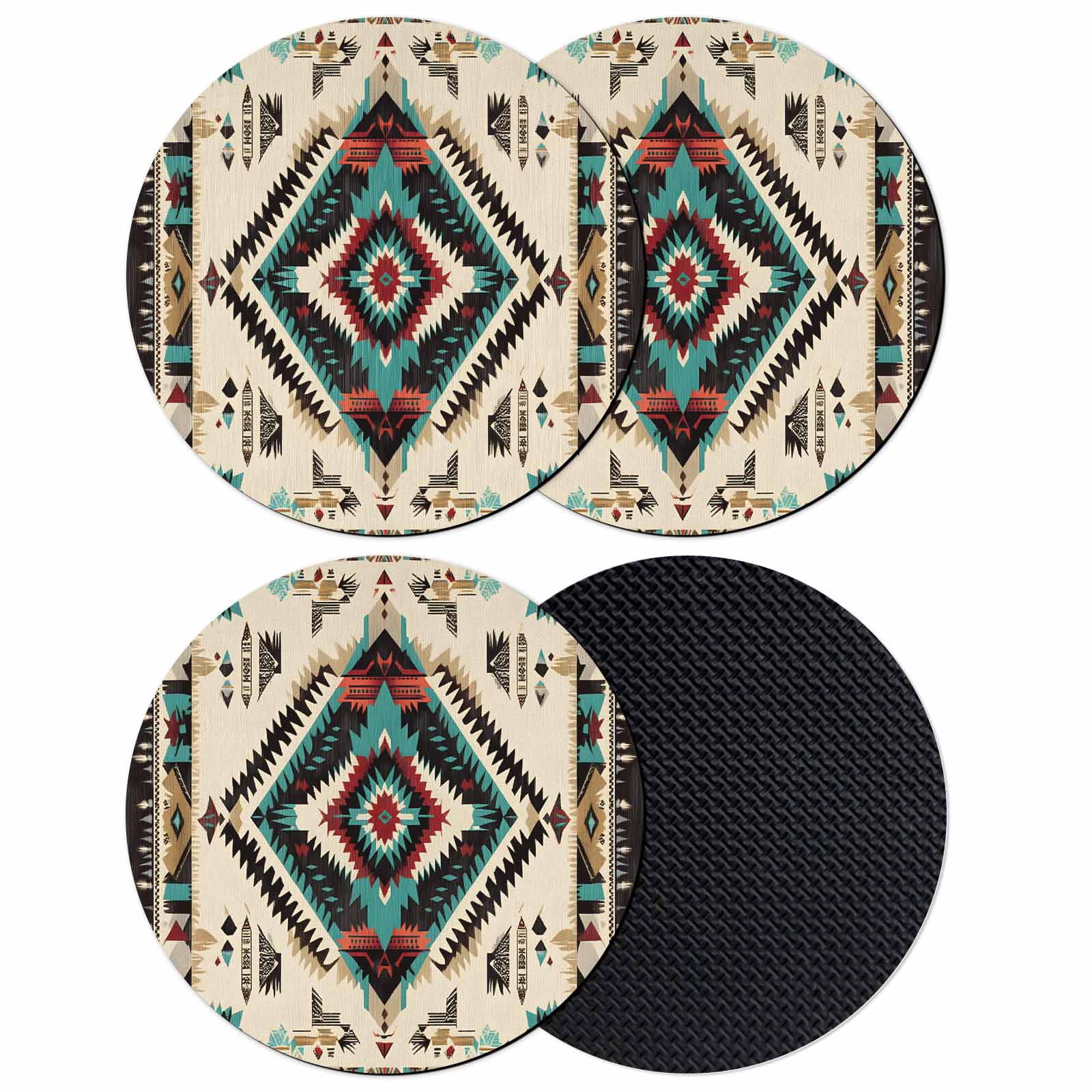 Boho Red Teal Brown Coasters Set of 4, Southwestern Country Geometric ...