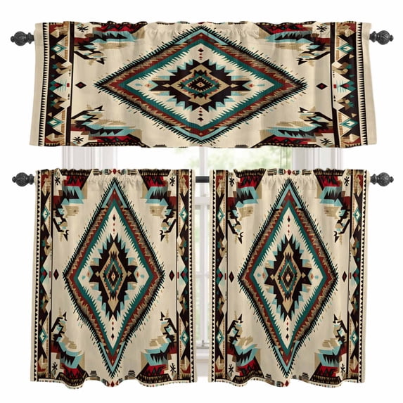Boho Red Teal Brown Kitchen Curtains, Southwestern Vintage Geometric ...