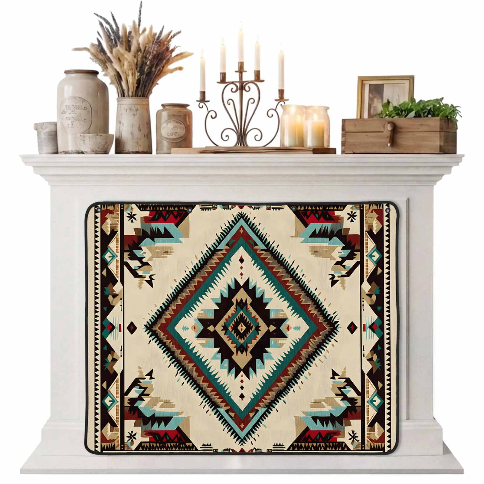 Boho Red Teal Brown Magnetic Fireplace Cover, Fireplace Draft Blocker ...