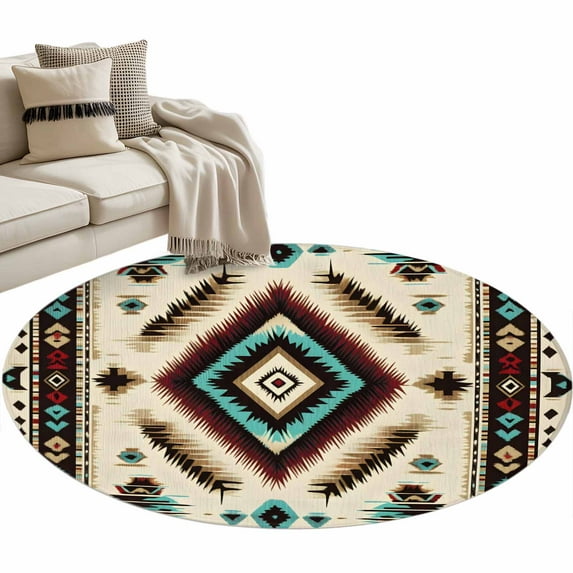 Boho Red Teal Brown Round Area Rug 4ft, Southwestern Abstract Geometric ...