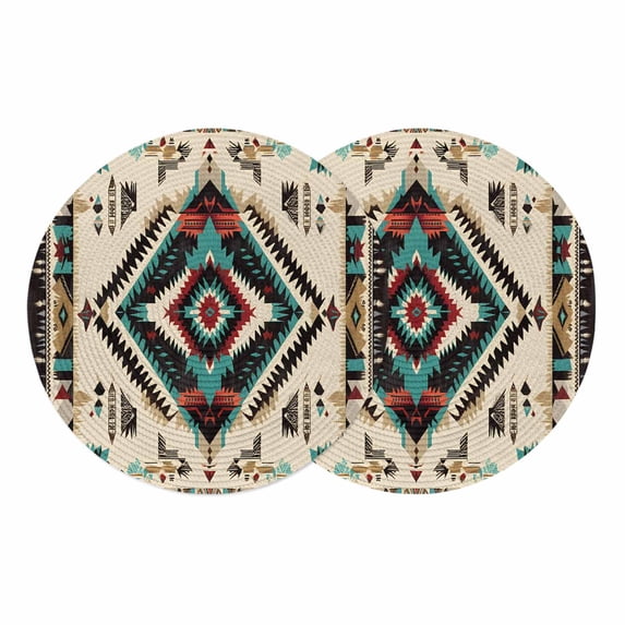 Boho Red Teal Brown Round Placemats Set of 2, Braided Polypropylene ...