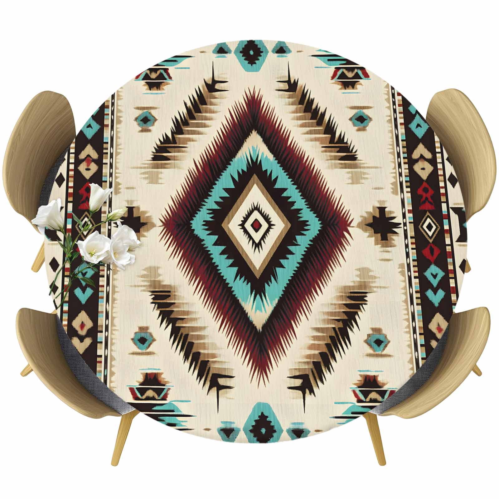 Boho Red Teal Brown Round Tablecloth 36-44 Inch Round Fitted Table ...