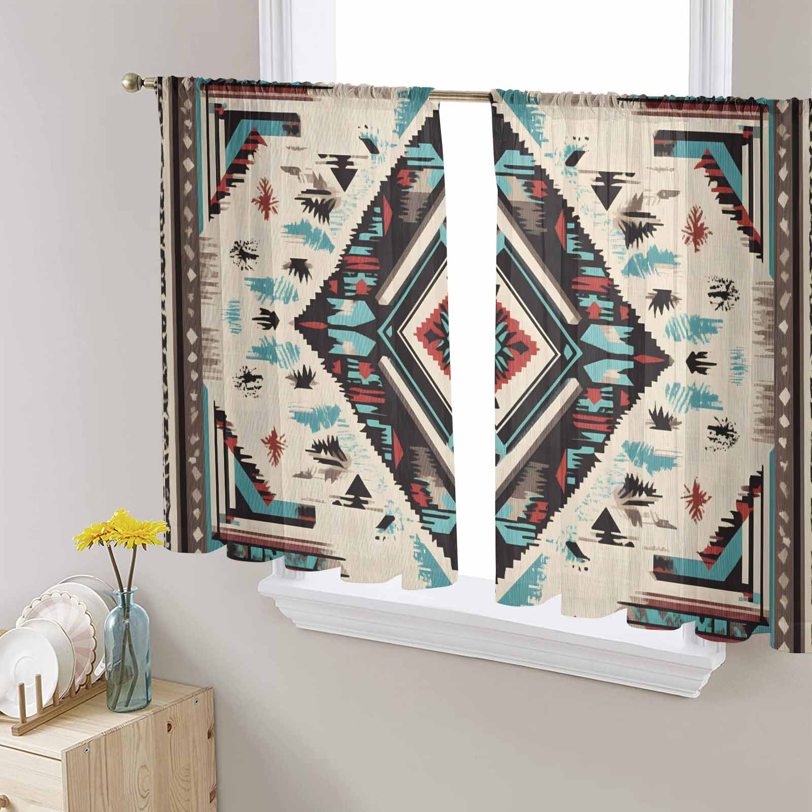 Boho Red Teal Brown Sheer Curtains 54 Inch Length 2 Panels Set for ...