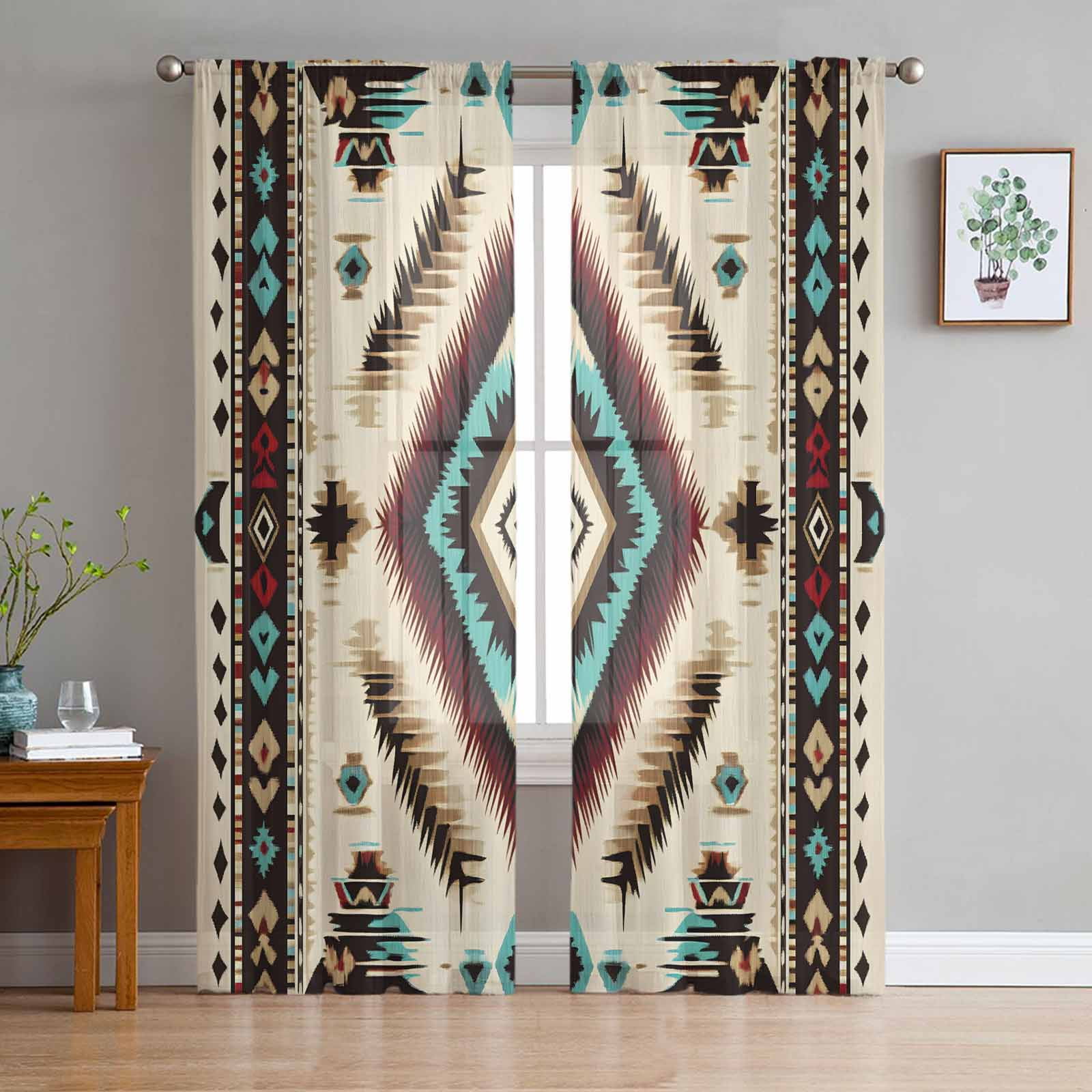 Boho Red Teal Brown Sheer Curtains 84 Inches Long 2 Panels Set, Window ...