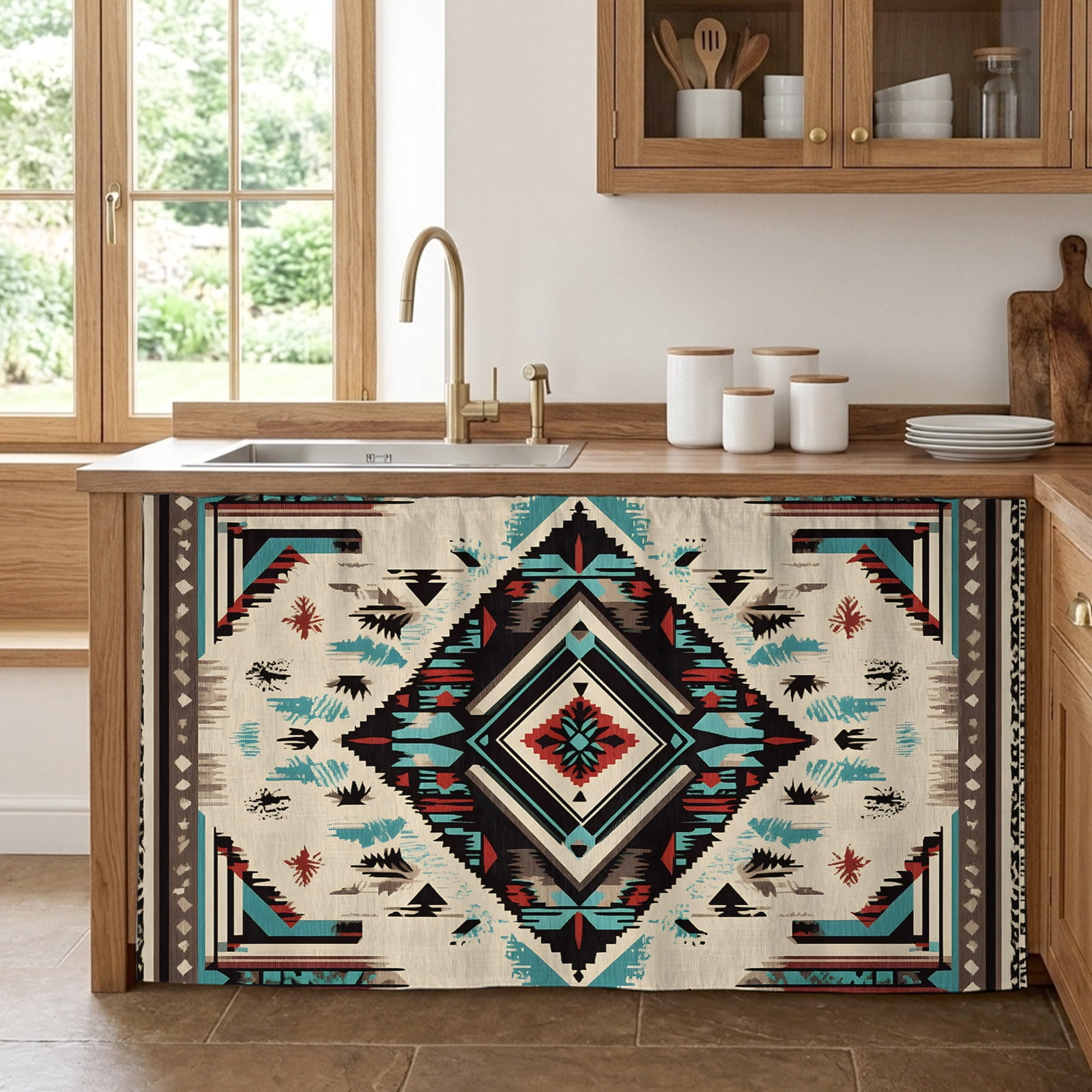 Boho Red Teal Brown Sink Skirt Curtain 32''x55'', Southwestern Retro ...