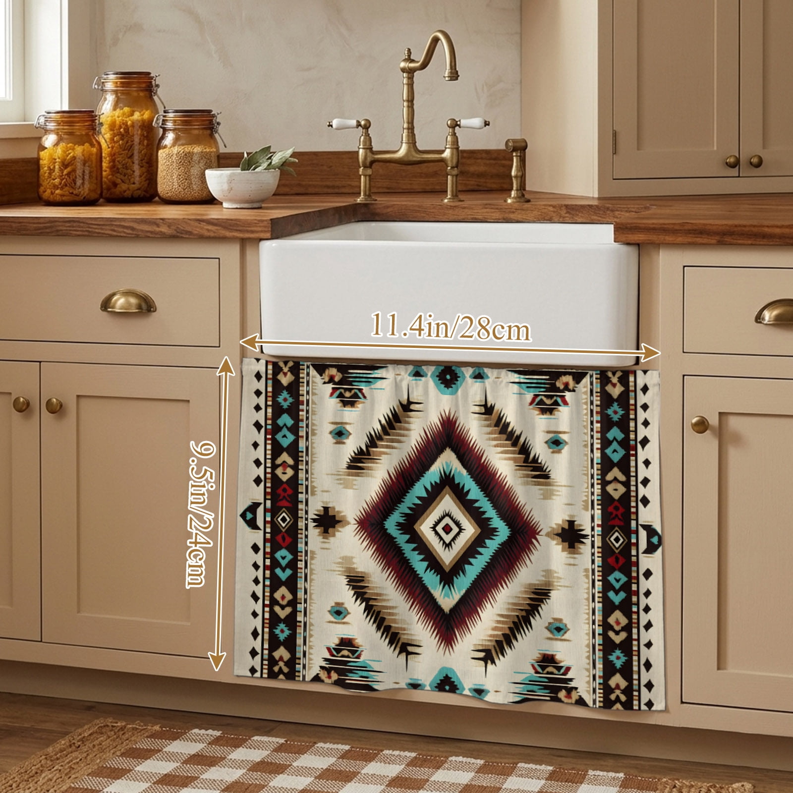 Boho Red Teal Brown Small Cabinet Curtains 9.5"W x 11.4"L, Southwestern ...