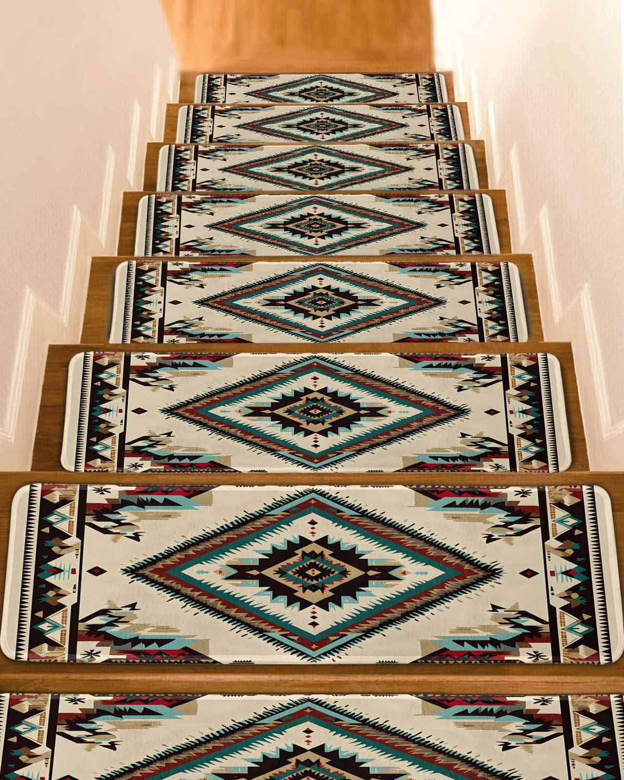 Boho Red Teal Brown Stair Treads for Wooden Steps Indoor Runner Rug ...
