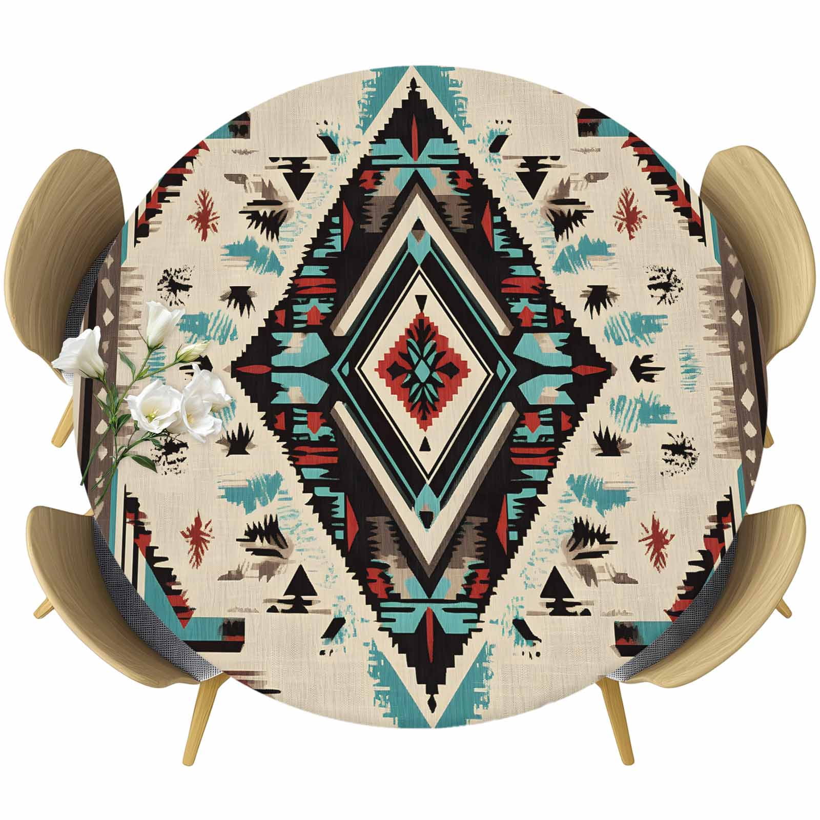 Boho Red Teal Brown Table Cloth, Round Fitted Tablecloths with Elastic ...