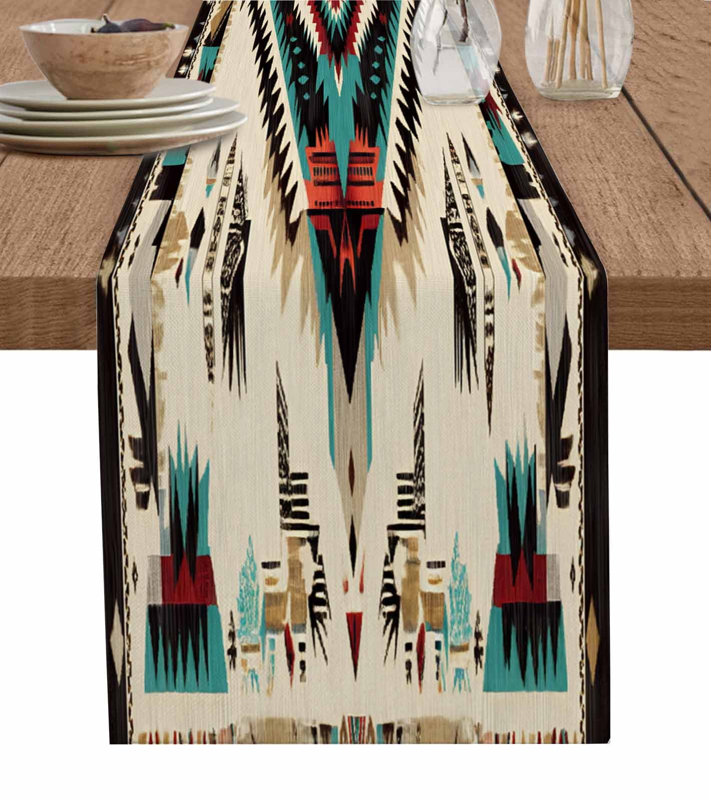 Boho Red Teal Brown Table Runner Southwestern Country Geometric ...
