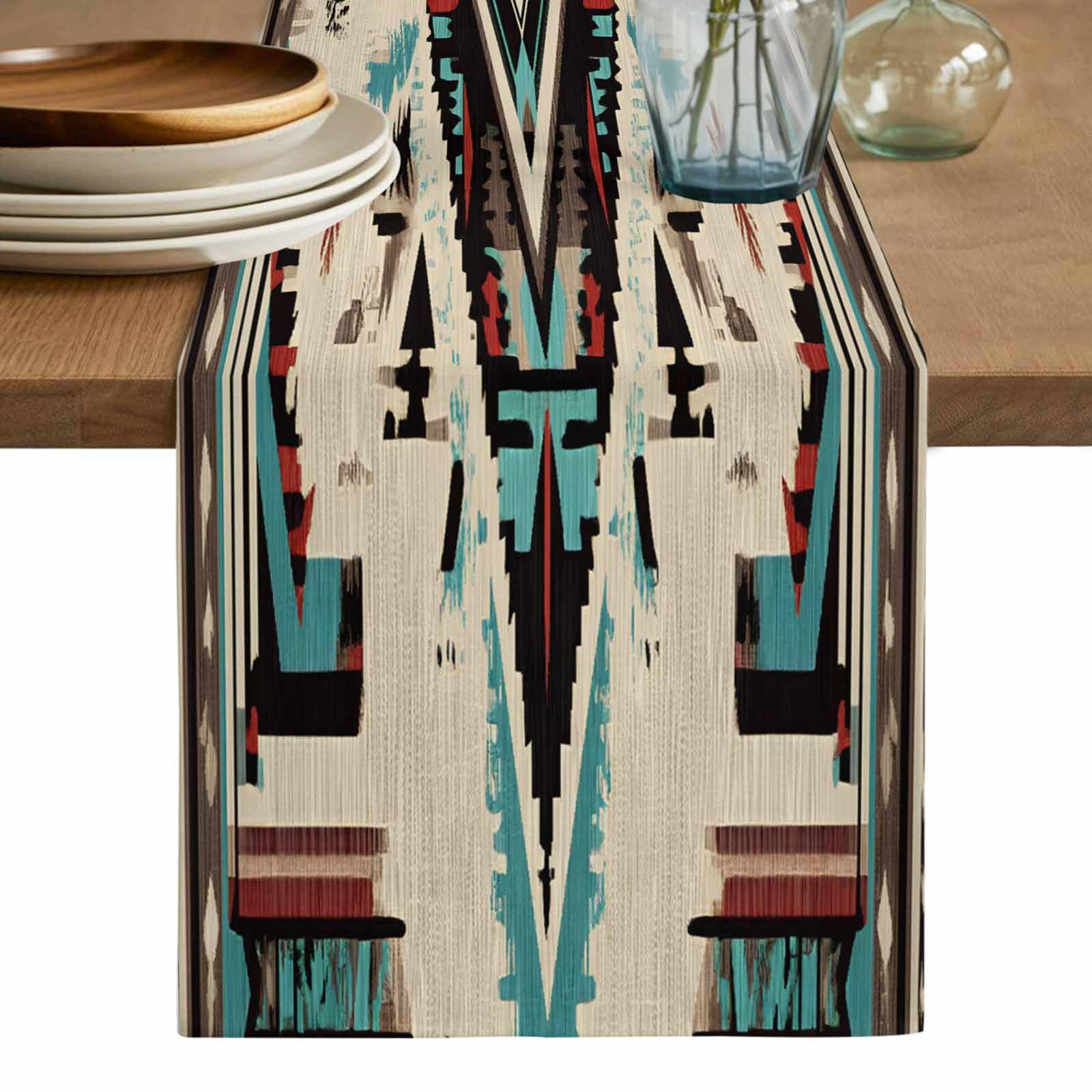 Boho Red Teal Brown Table Runner, Southwestern Retro Geometric Washable ...