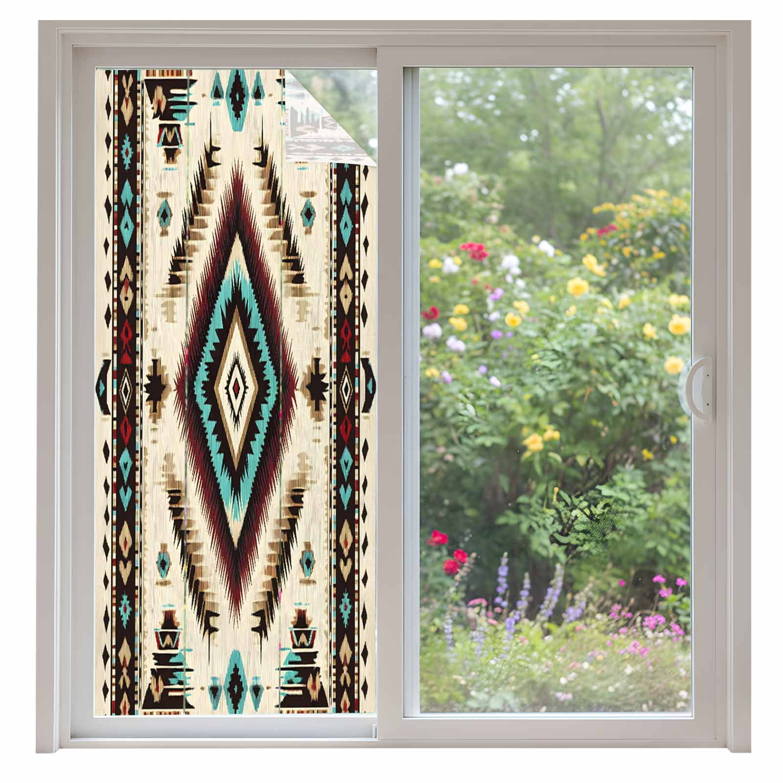 Boho Red Teal Brown Window Privacy Film, Southwestern Abstract ...