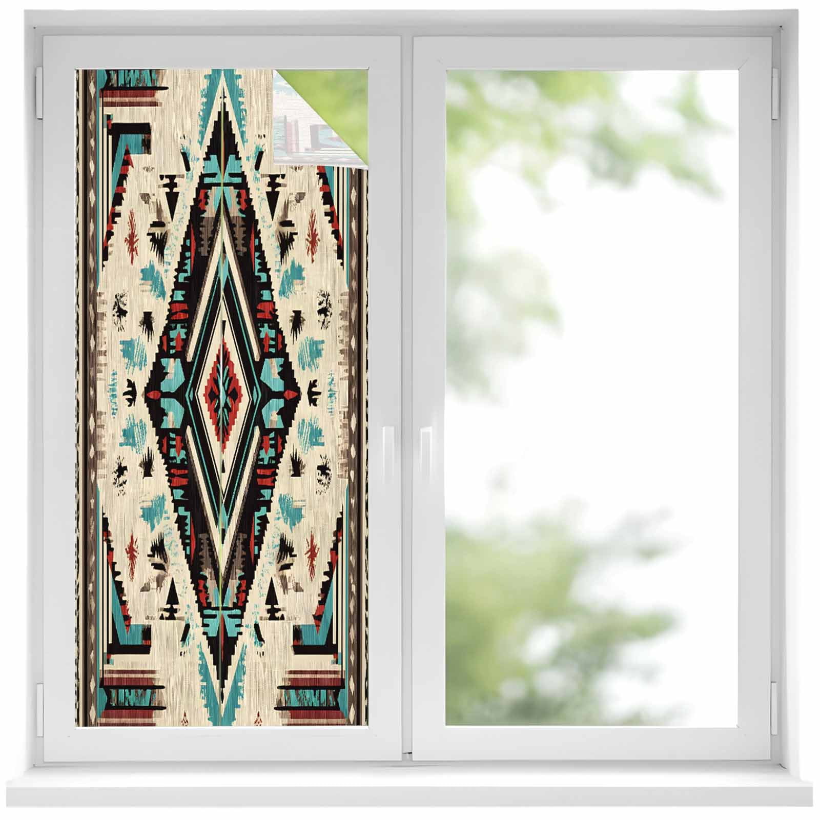 Boho Red Teal Brown Window Privacy Film, Southwestern Retro Geometric ...