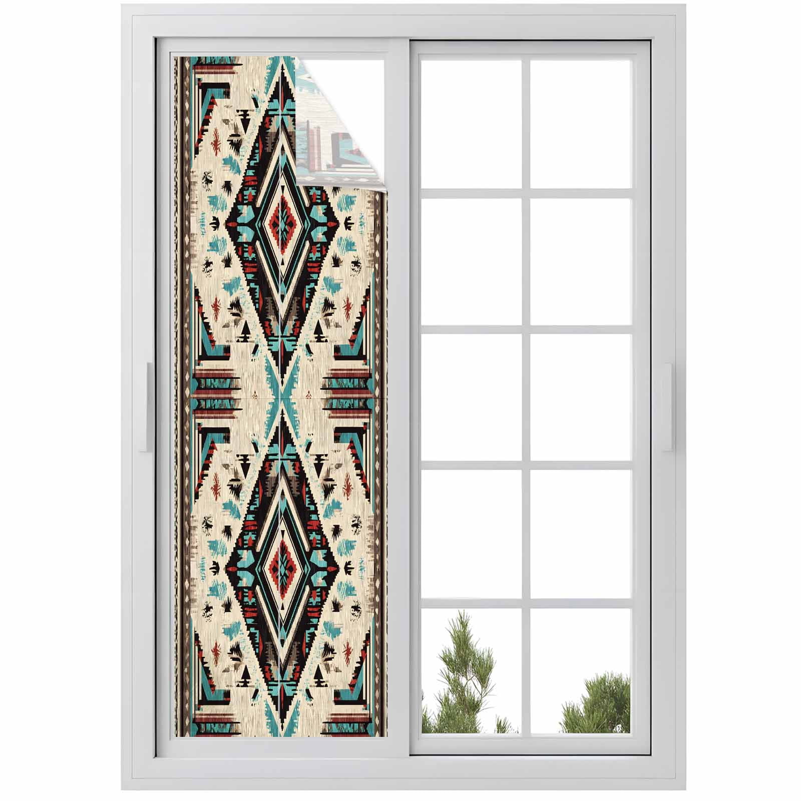 Boho Red Teal Brown Window Privacy Film, Southwestern Retro Geometric ...