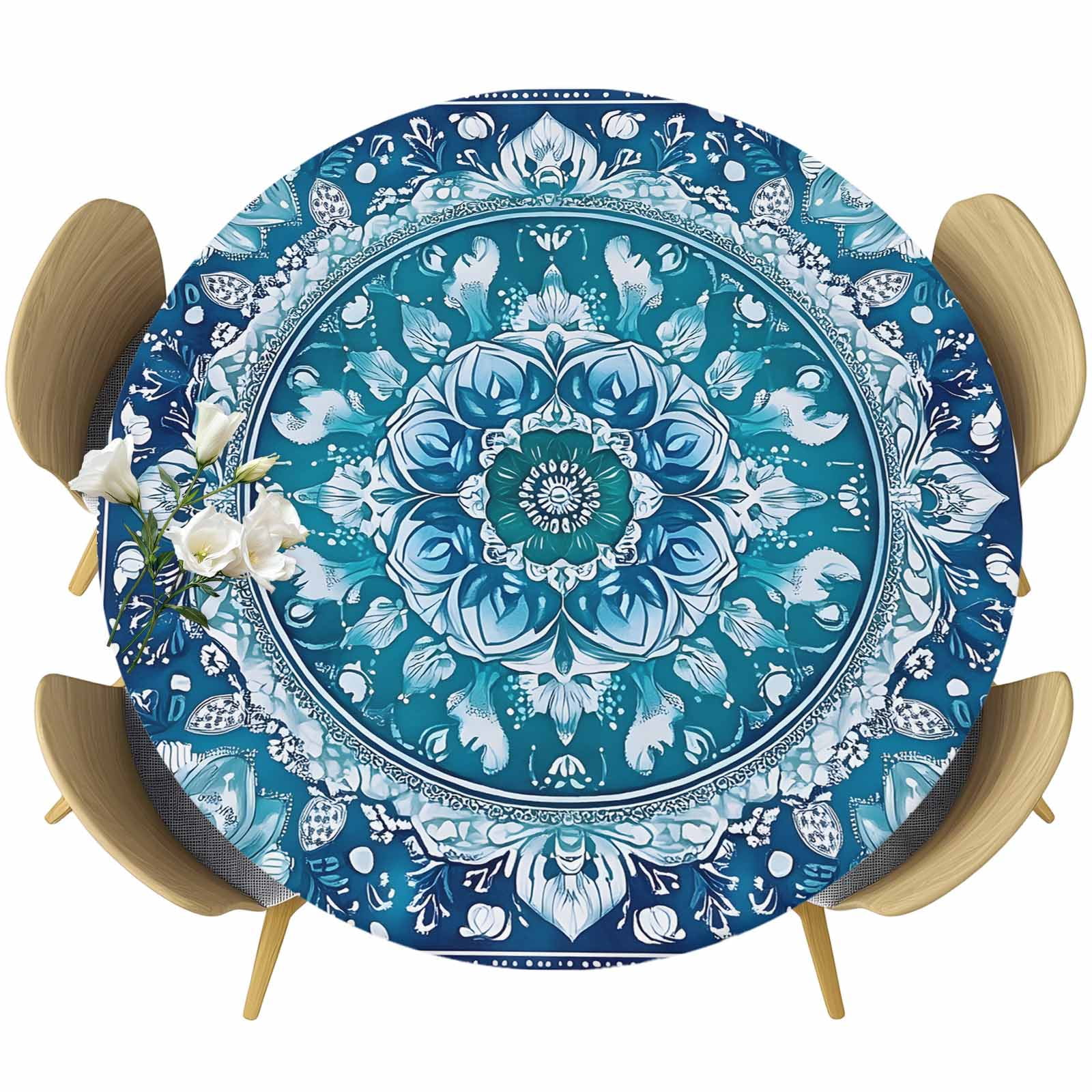 Boho Retro Fitted Round Tablecloth Ethnic Tribal Floral Pattern Elastic ...