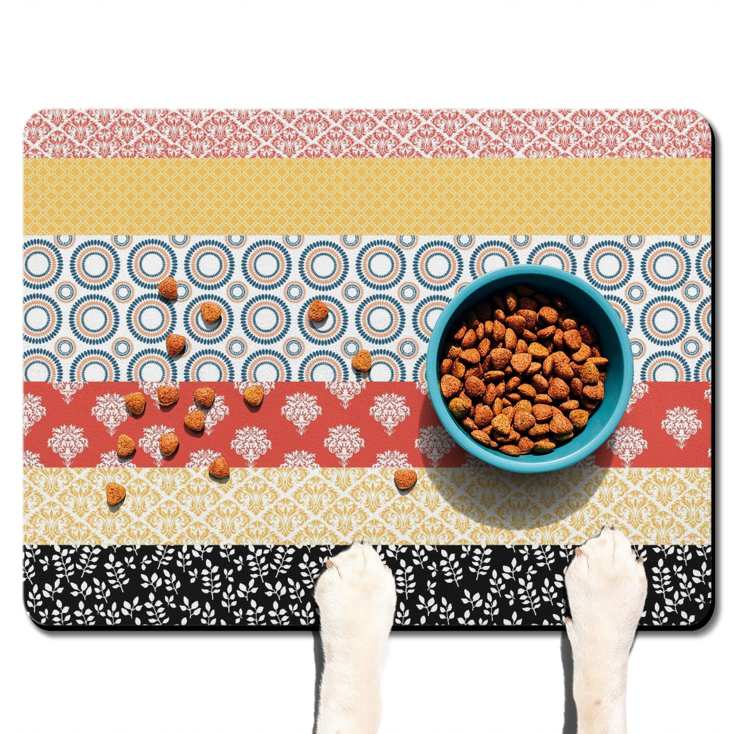 Boho Retro Floral Pet Feeding Mat-Abstract Art Geometric Absorbent Pet ...