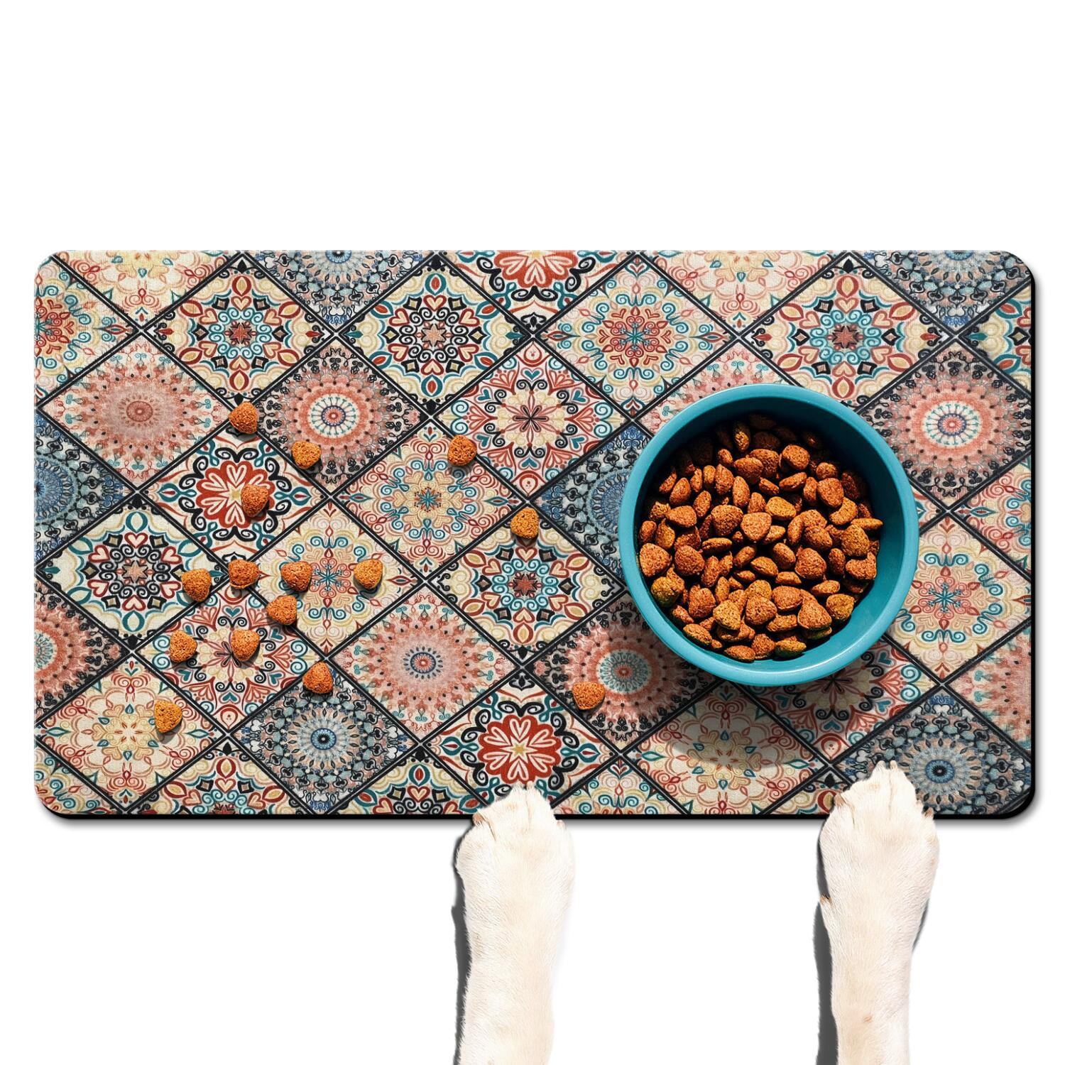 Boho Retro Floral Pet Feeding Mat-Abstract Art Pattern Absorbent Pet ...