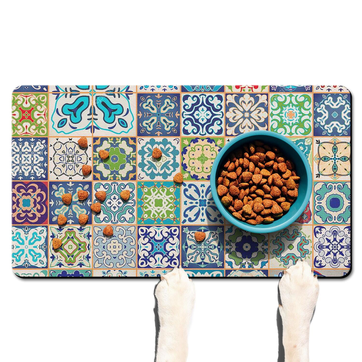 Boho Retro Floral Pet Feeding Mat-Abstract Art Pattern Absorbent Pet ...