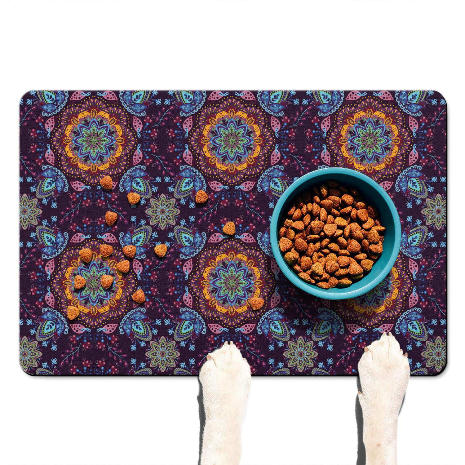 Boho Retro Floral Pet Feeding Mat-Abstract Geometric Absorbent Pet ...