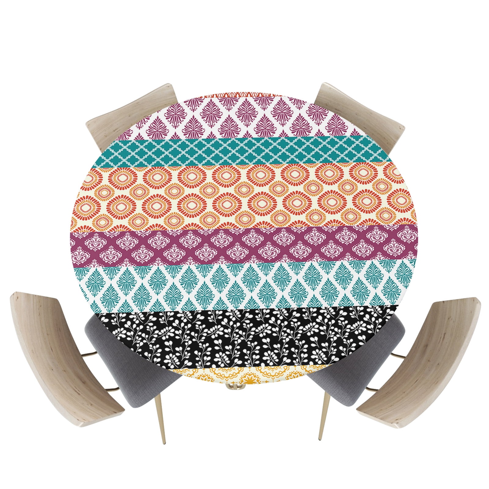 Boho Retro Geometric Art Stripe Fitted Round Tablecloths Elastic Edged ...