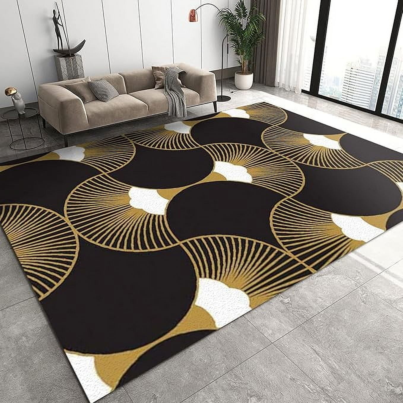 Boho Retro Pattern Area Rugs, Black Gold Curved Scalloped Lines Ginkgo ...