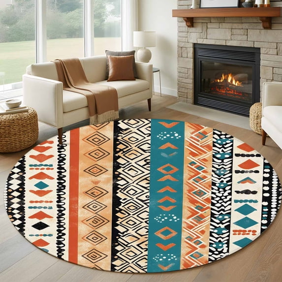 Boho Retro Round Area Rug 5 FT, Non Slip Bedroom Rugs, Bohemian Ethnic ...