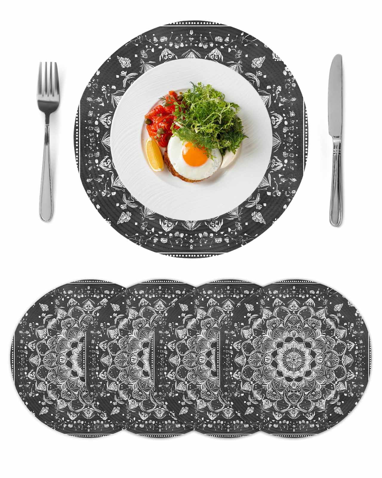 Boho Retro Round Table Placemats set of 4, Ethnic Tribal Floral Pattern ...