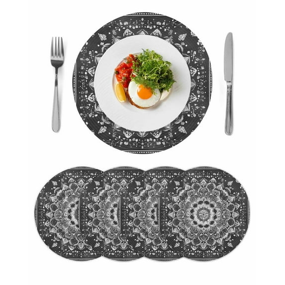 Boho Retro Round Table Placemats set of 4, Ethnic Tribal Floral Pattern ...