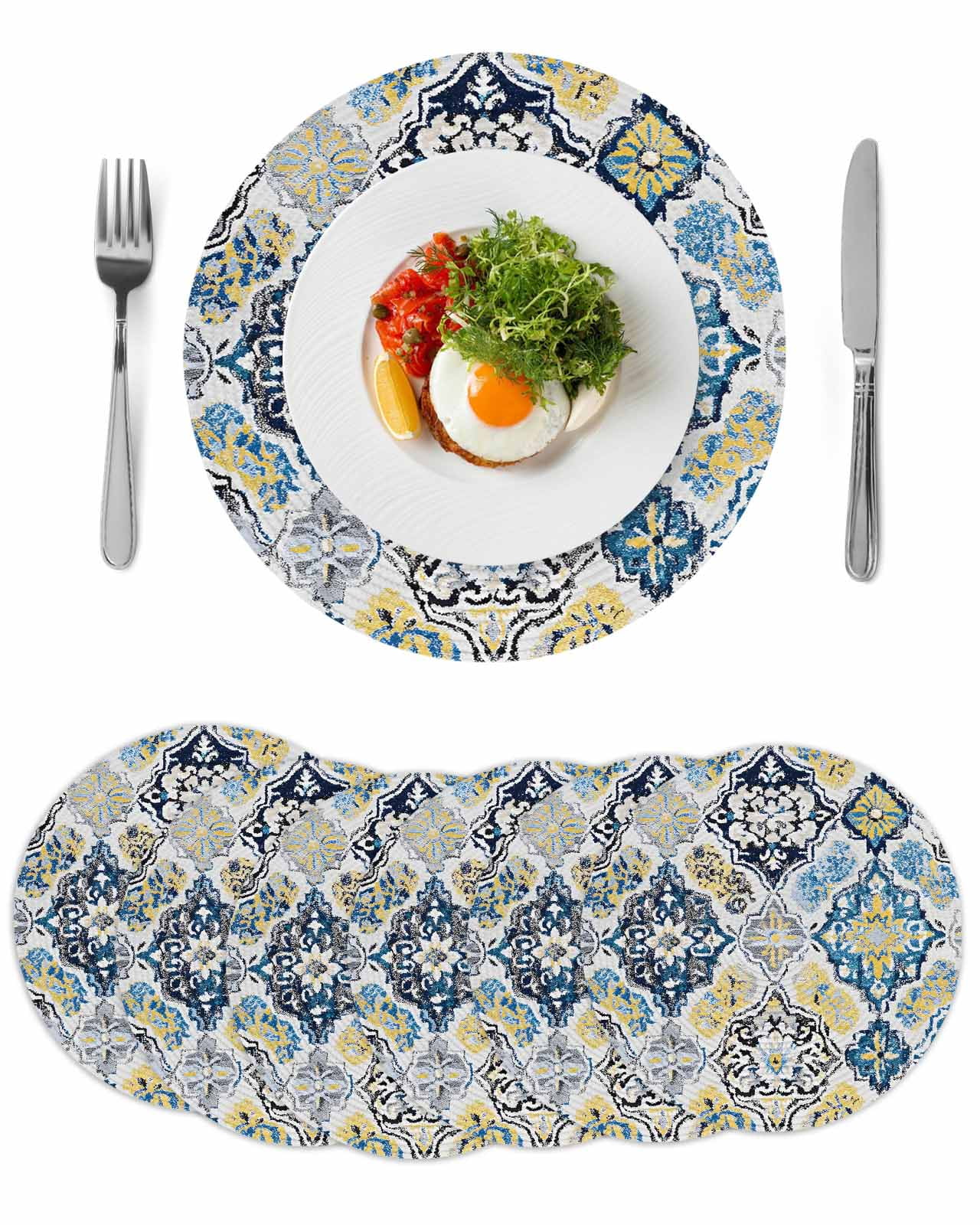 Boho Retro Round Table Placemats set of 6, Ethnic Tribal Floral Pattern ...