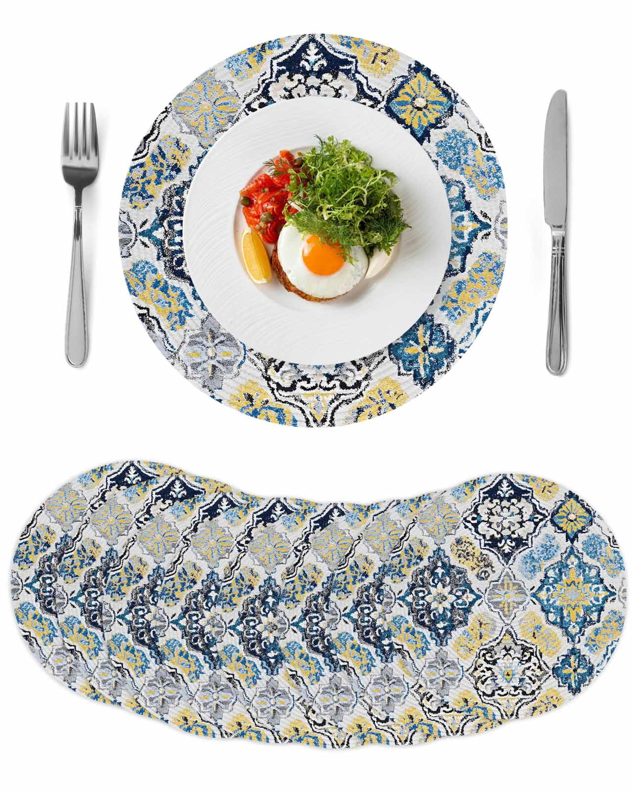 Boho Retro Round Table Placemats set of 8, Ethnic Tribal Floral Pattern ...