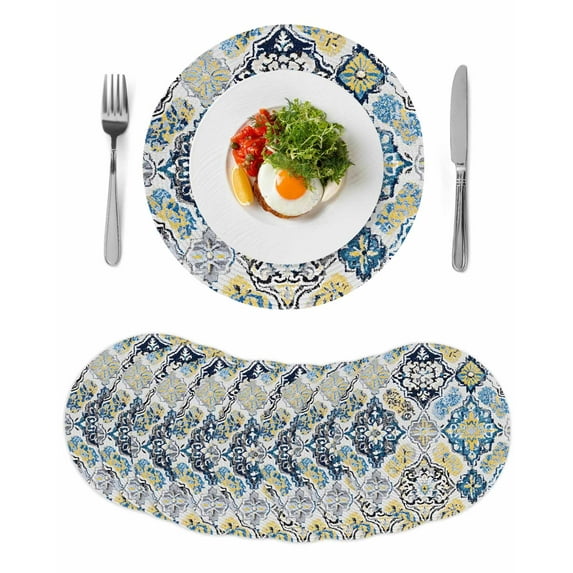 Boho Retro Round Table Placemats set of 8, Ethnic Tribal Floral Pattern ...