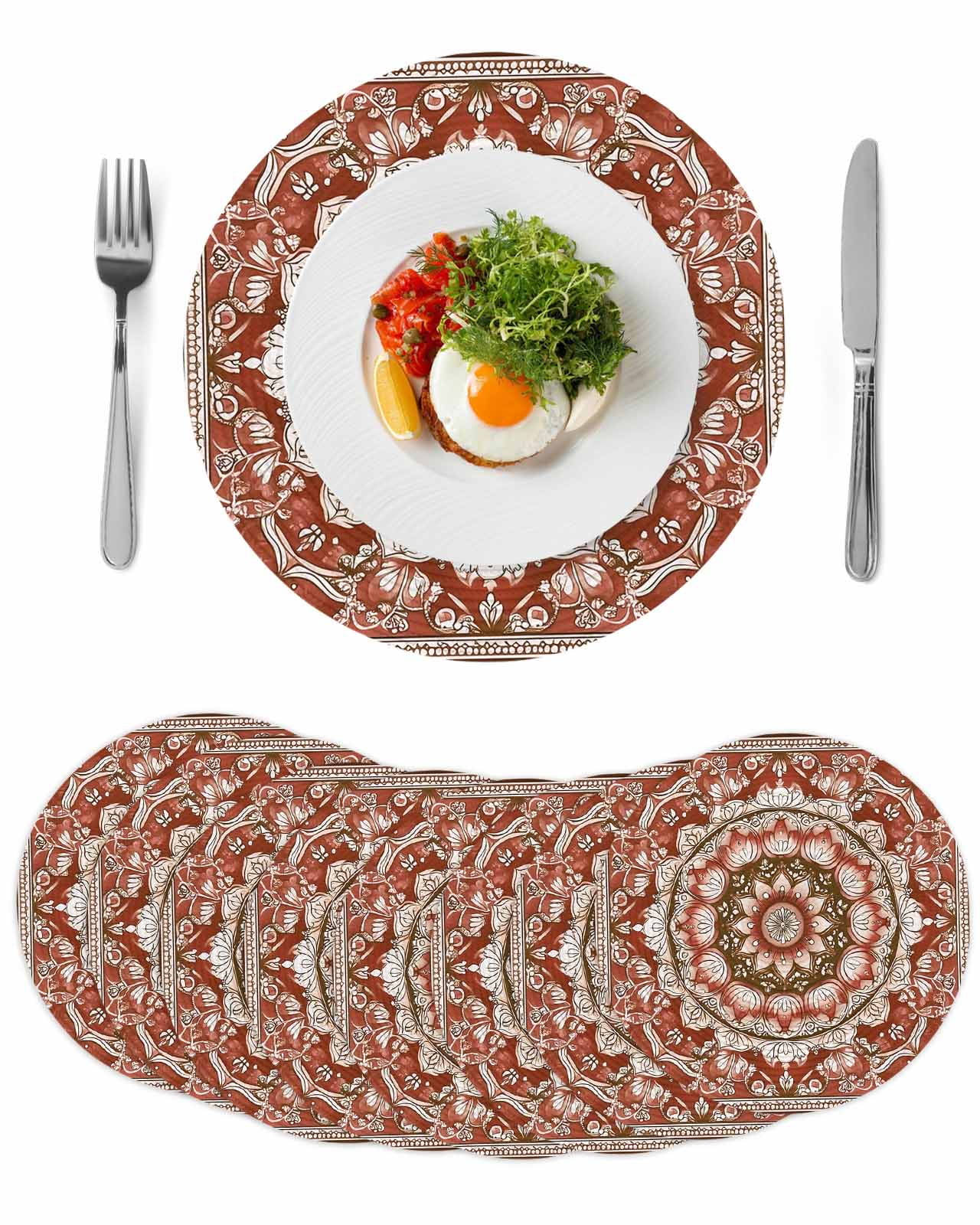 Boho Retro Round Table Placemats set of 8, Ethnic Tribal Floral Pattern ...