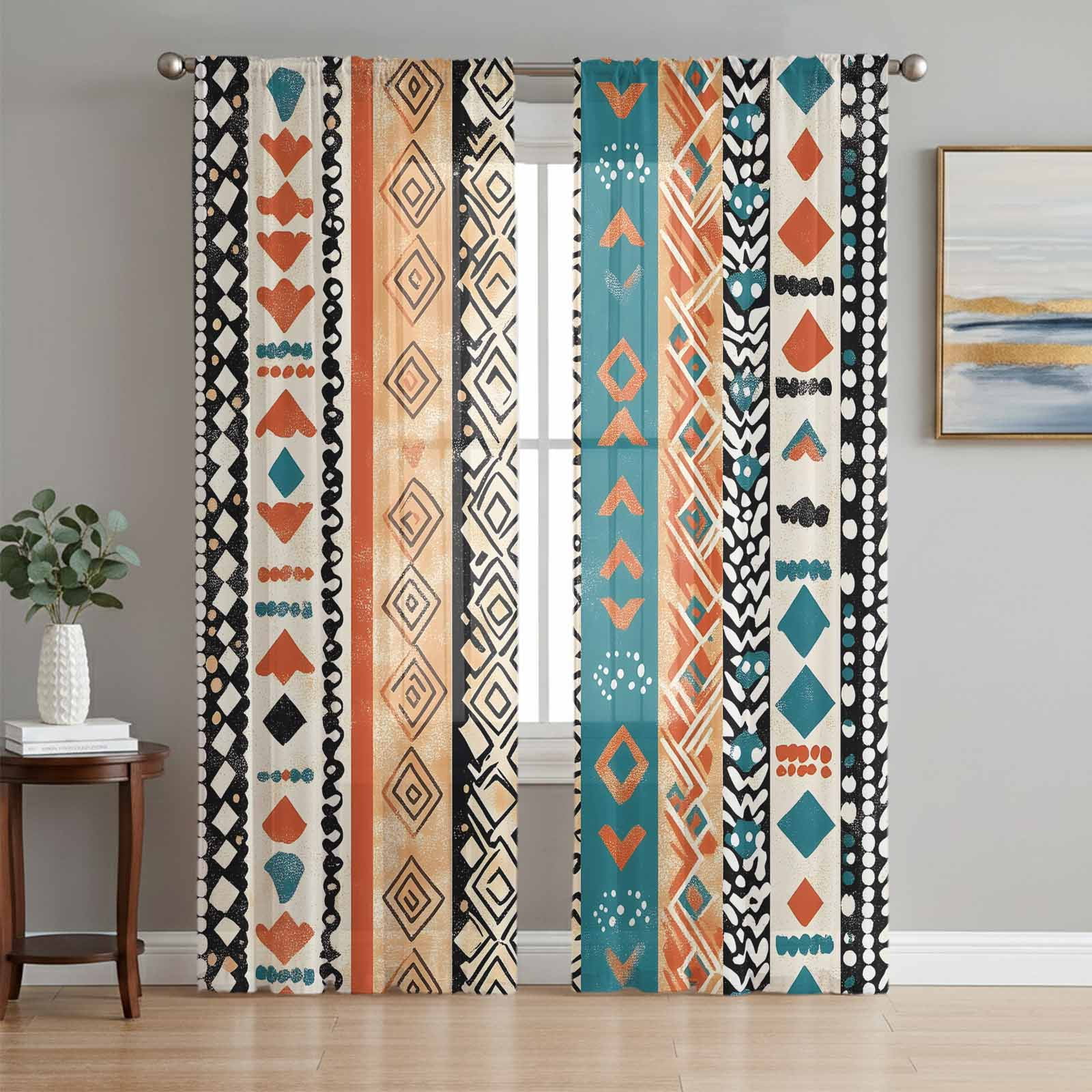 Boho Retro Semi Sheer Curtains 108 Inch Length 2 Panels Set, Bohemian ...