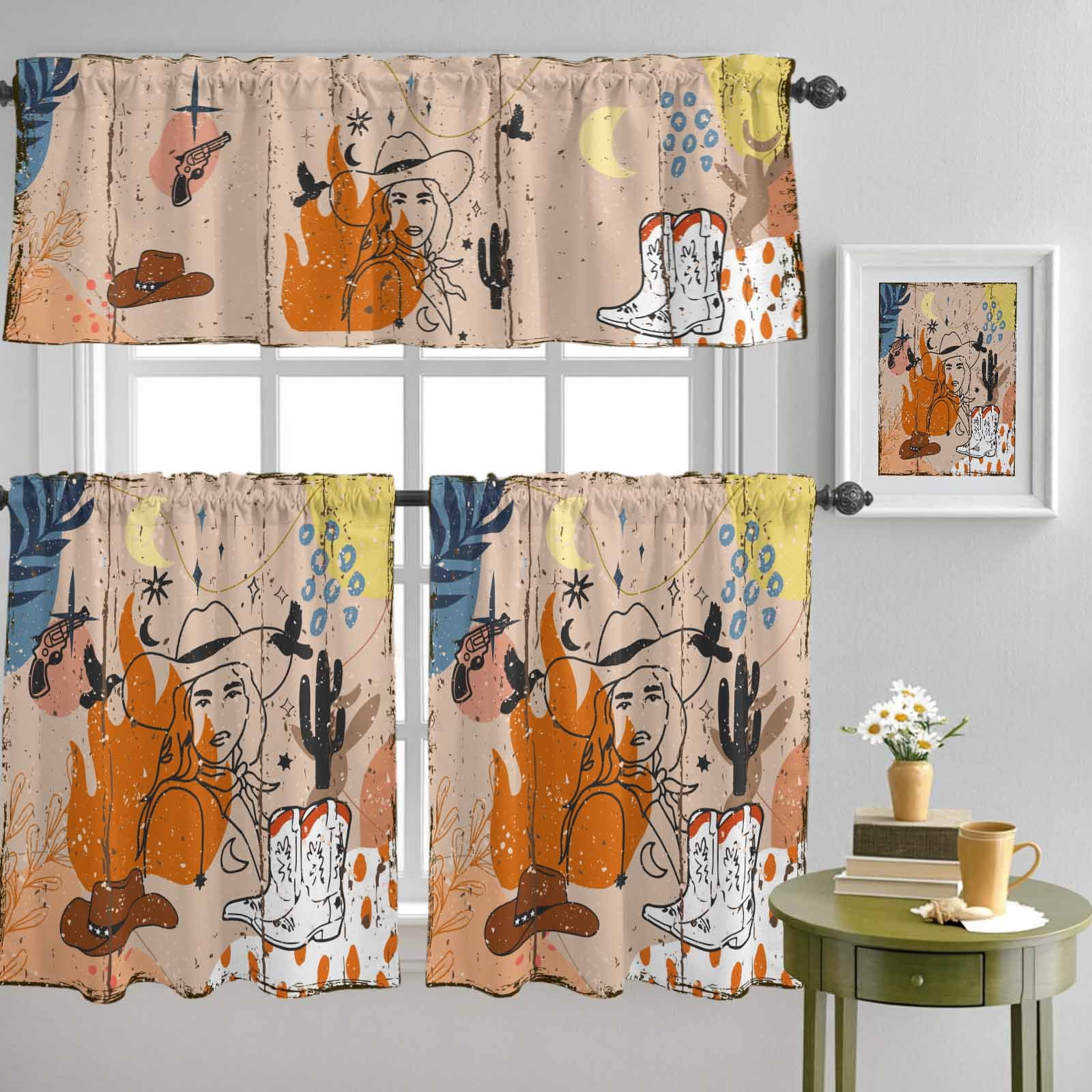 Boho Retro Sketch Western Cowboy Curtain Tier and Valance Set 3 Piece ...