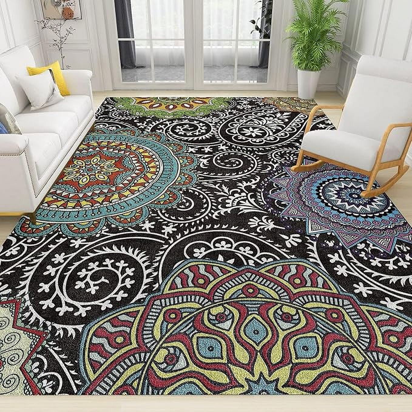 Boho Retro Style Area Rug, Abstract Colorful Flower Soft Washable ...