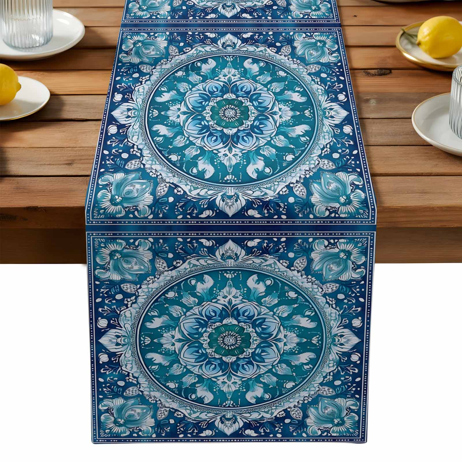 Boho Retro Table Runner, Ethnic Tribal Floral Pattern Cotton Linen ...