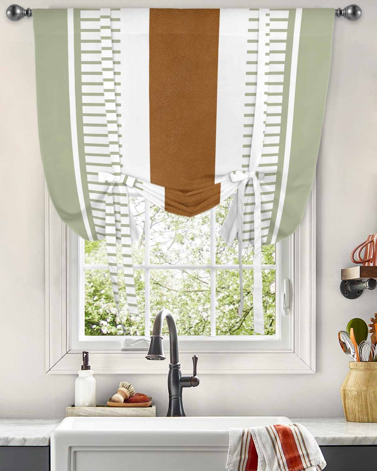 Boho Retro Tribal Stripes Window Curtains Tie Up Curtains for Kitchen Living Room Adjustable Rod ...