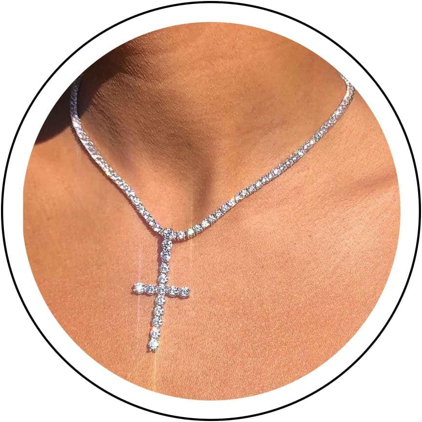 Boho Rhinestone Tennis Choker Necklace Silver Crystal Cross Pendant ...