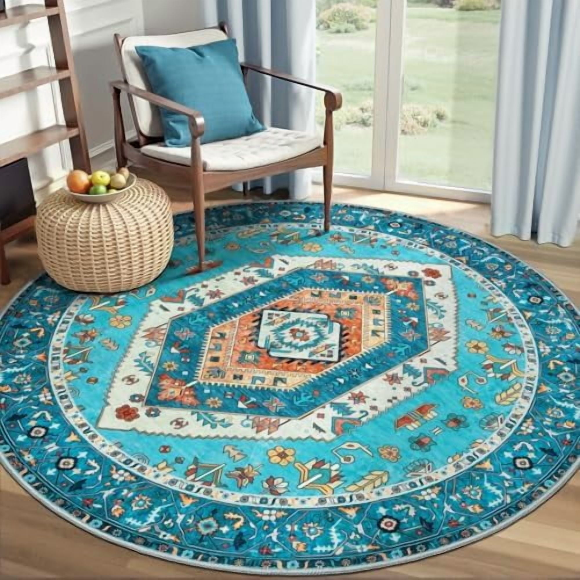 Boho Round Area Rug, 4ft Washable Non-Slip Circle Rug, Ultra Soft ...