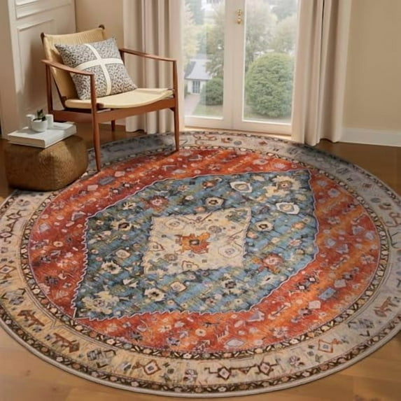 Boho Round Area Rug, 5ft Washable Non-Slip Circle Rug, Ultra Soft ...